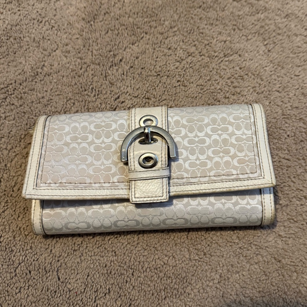 Coach Cream Check Book Tri-Fold Wallet - Gem